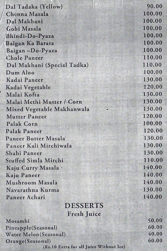 Menu at Amirtha, Chennai