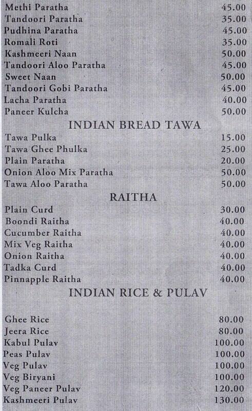 Menu at Amirtha, Chennai