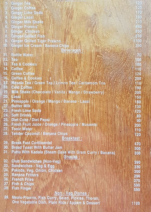 Menu of Ginger House Museum Hotel, Mattancherry, Kochi