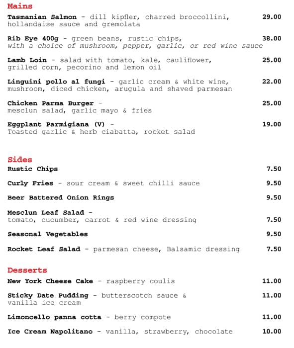 Menu at Cotta Restaurant, Southbank, 8 Whiteman St