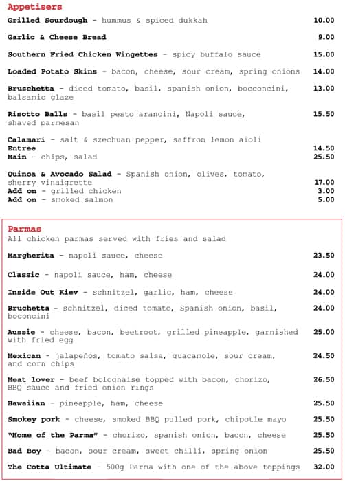 Menu at Cotta Restaurant, Southbank, 8 Whiteman St