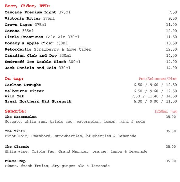 Menu at Cotta Restaurant, Southbank, 8 Whiteman St