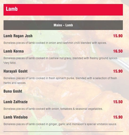 Menu at Monsoon restaurant, North Adelaide