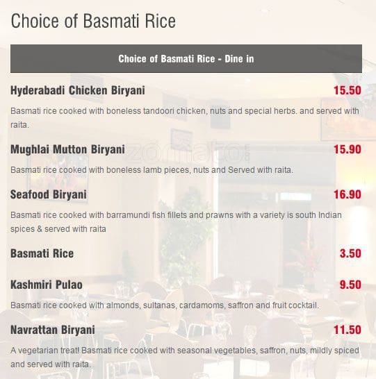 Menu at Monsoon restaurant, North Adelaide