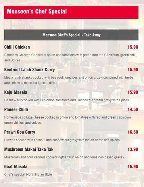 Menu at Monsoon restaurant, North Adelaide