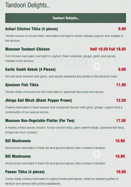 Menu at Monsoon restaurant, North Adelaide