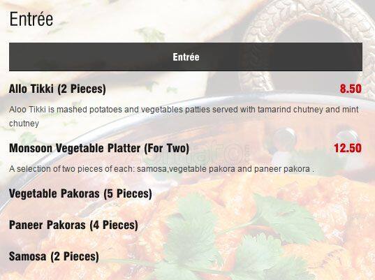 Menu at Monsoon restaurant, North Adelaide