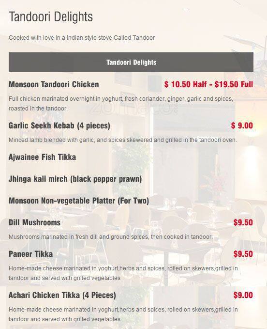 Menu at Monsoon restaurant, North Adelaide