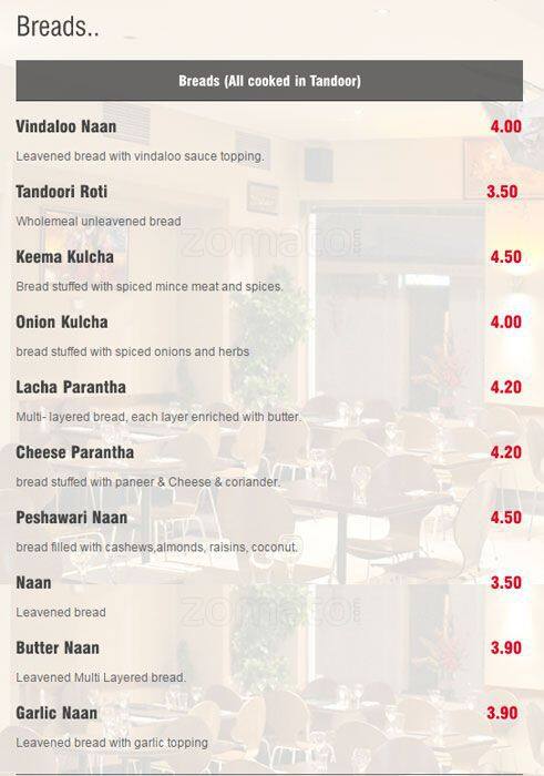 Menu at Monsoon restaurant, North Adelaide