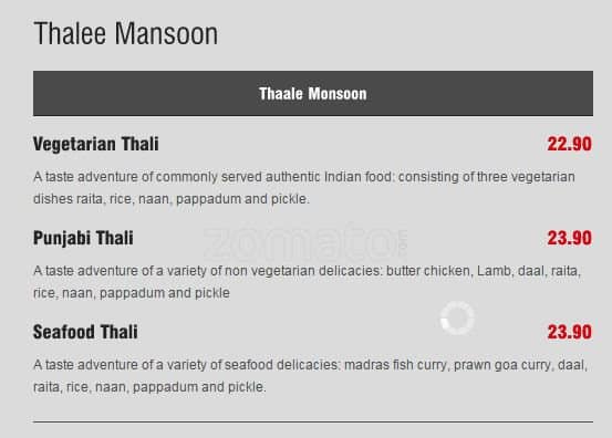 Menu at Monsoon restaurant, North Adelaide