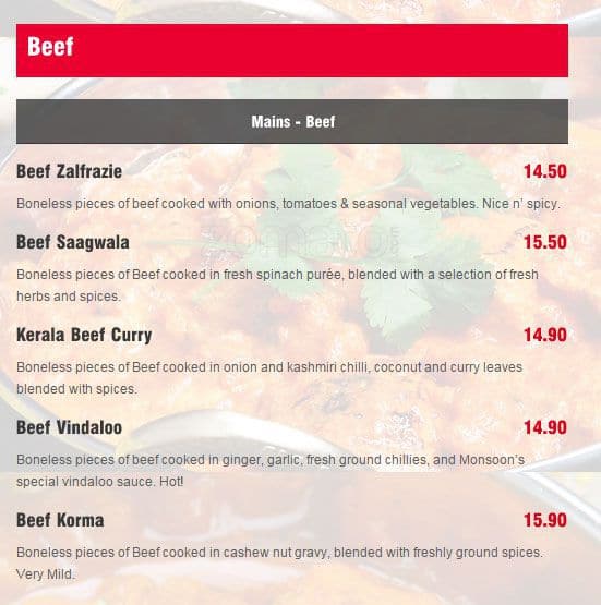 Menu at Monsoon restaurant, North Adelaide