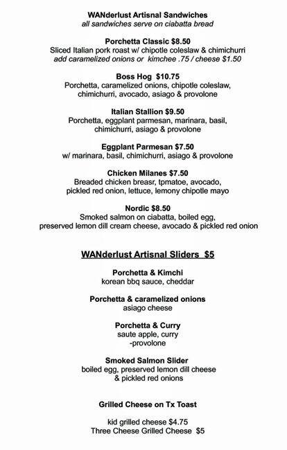 Menu at Wanderlust restaurant, San Marcos, The Hitch