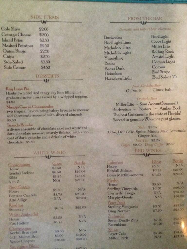 Menu at Hurricane Hanks pub & bar, Holmes Beach
