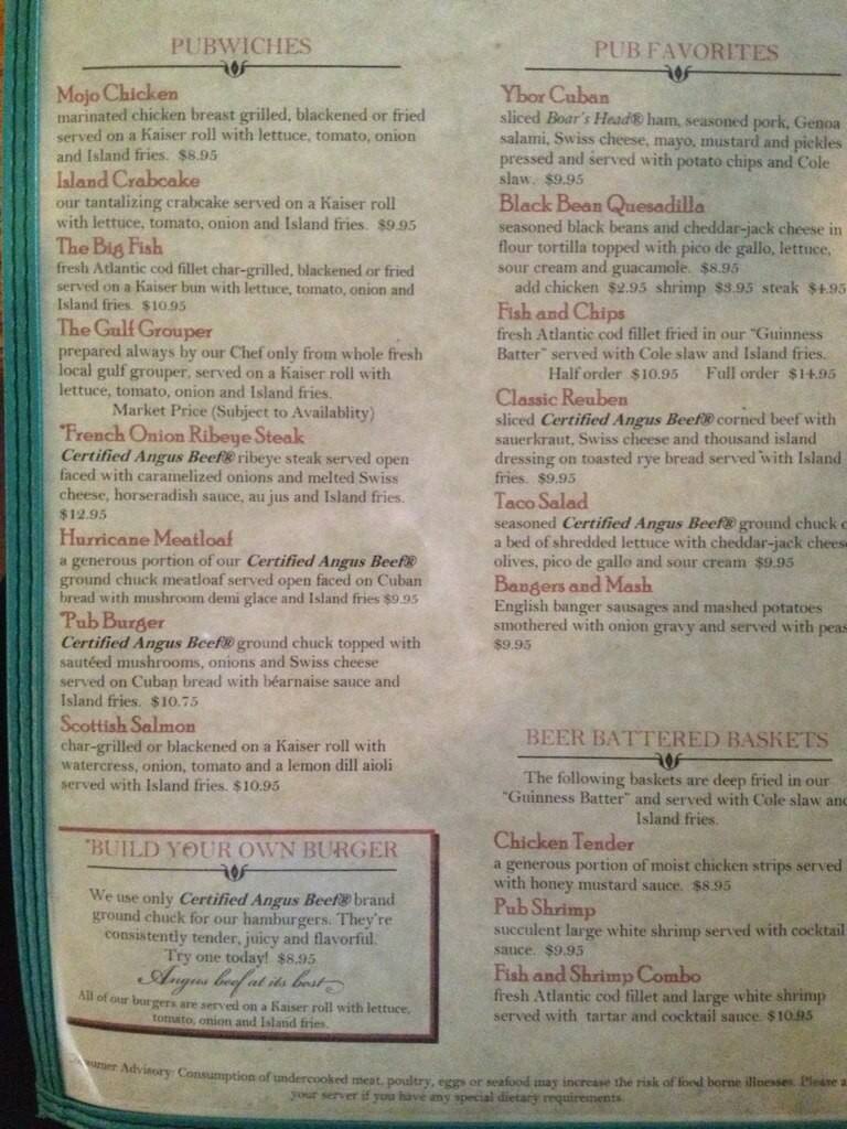 Menu at Hurricane Hanks pub & bar, Holmes Beach