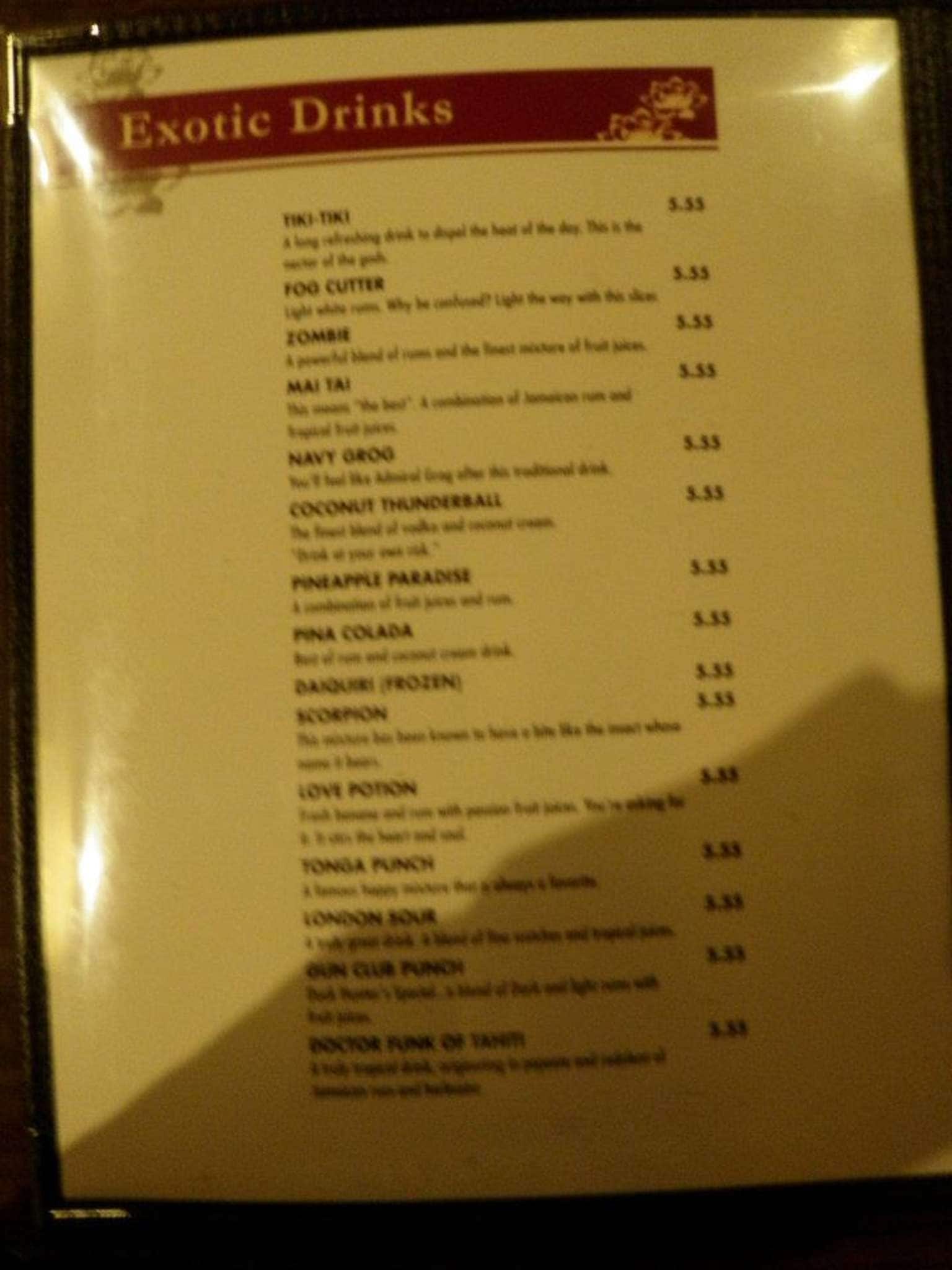Menu at Tiki-Tiki restaurant, Richmond