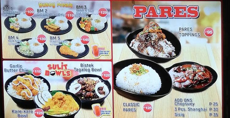 Menu at Pares Retiro restaurant, Makati, Ayala Ave