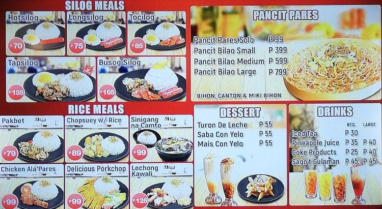Menu at Pares Retiro restaurant, Makati, Ayala Ave