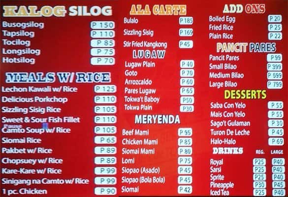 Pares Retiro Menu, Menu for Pares Retiro, Salcedo Village, Makati City ...