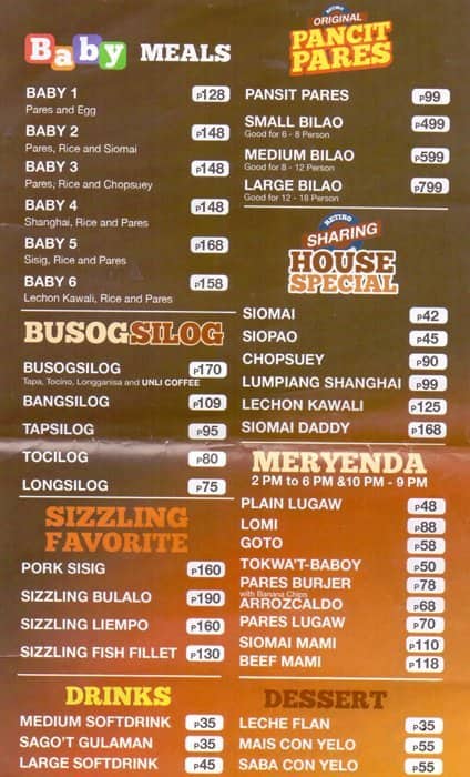 Pares Retiro Menu, Menu for Pares Retiro, Salcedo Village, Makati City ...