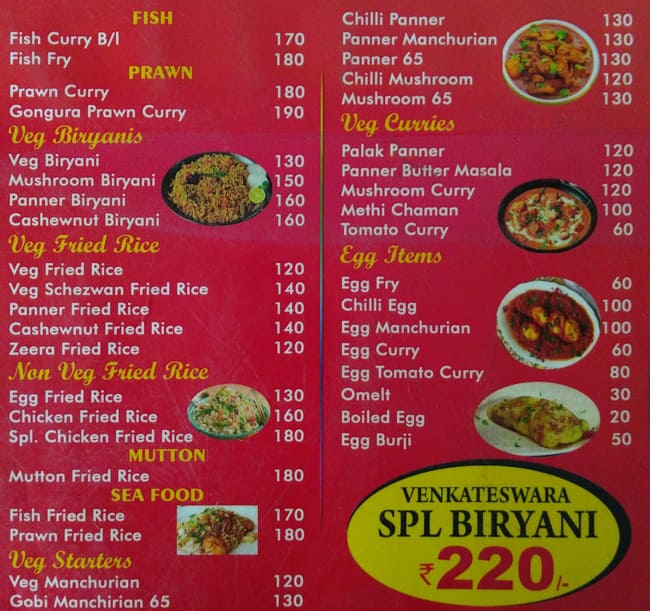 Menu at Venkateswara Andra Restaurant, Chennai