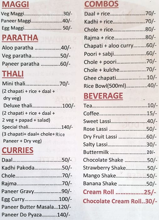 Menu of Sharma Ji Khaana, Whitefield, Bangalore