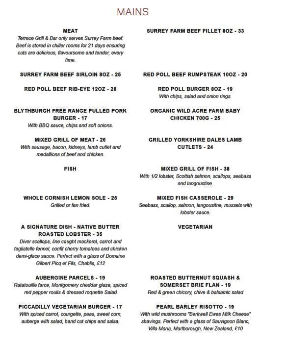 Menu at Le Méridien Club Lounge, London