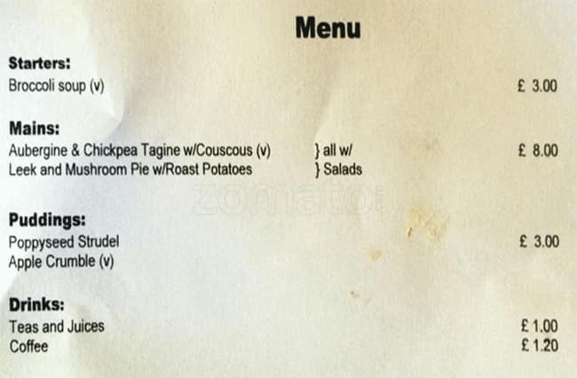Menu at Bonnington Cafe, London, 11 Vauxhall Grove