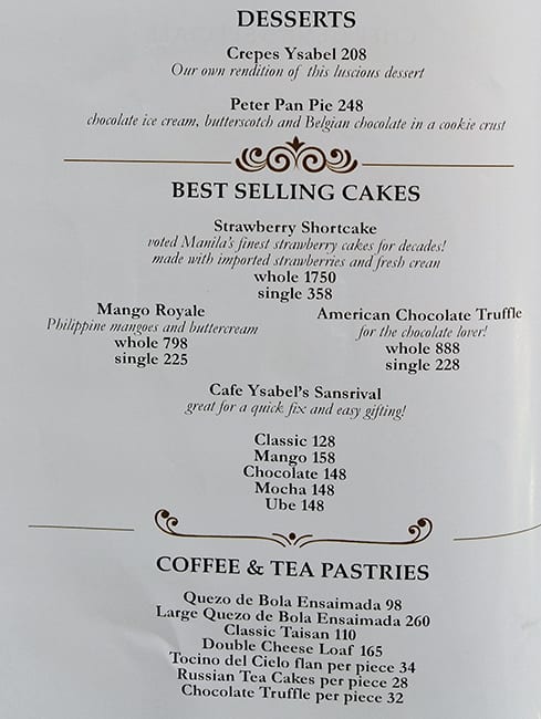 Menu at Café Ysabel cafe, San Juan, 175 M. Paterno