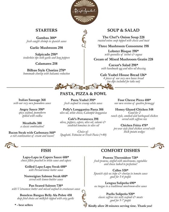 Menu at Café Ysabel cafe, San Juan, 175 M. Paterno