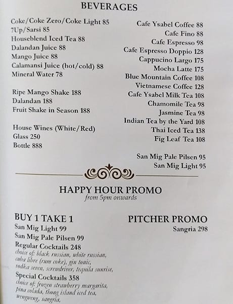 Menu at Café Ysabel cafe, San Juan, 175 M. Paterno