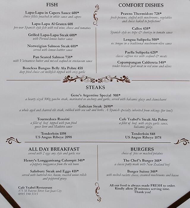 Menu at Café Ysabel cafe, San Juan, 175 M. Paterno