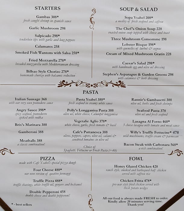 Menu at Café Ysabel cafe, San Juan, 175 M. Paterno