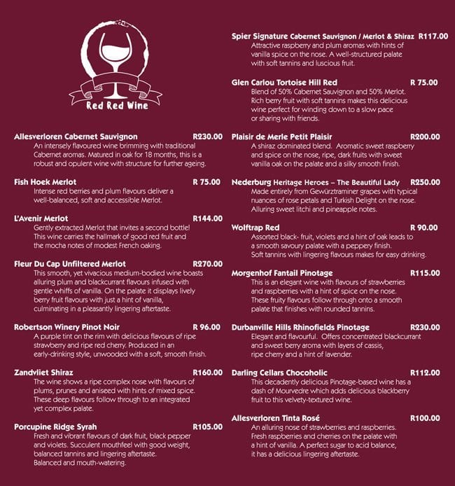 Speisekarte von Fairways Restaurant, Pretoria, Silver Lakes Golf Estate