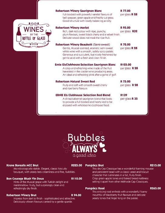 Speisekarte von Fairways Restaurant, Pretoria, Silver Lakes Golf Estate