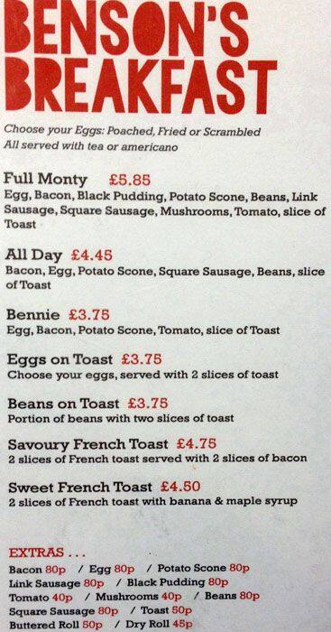 Menu at Bensons Cafe, Glasgow, Unit 44/Forge Shopping Centre/1221 ...
