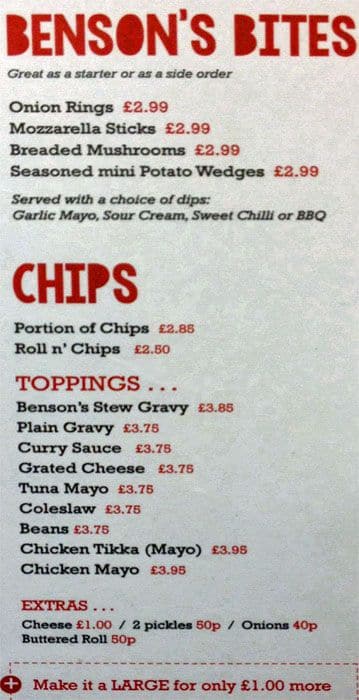Menu at Bensons Cafe, Glasgow, Unit 44/Forge Shopping Centre/1221 ...