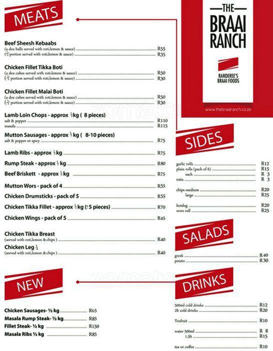Menu at Randerees Braai Foods restaurant, Durban