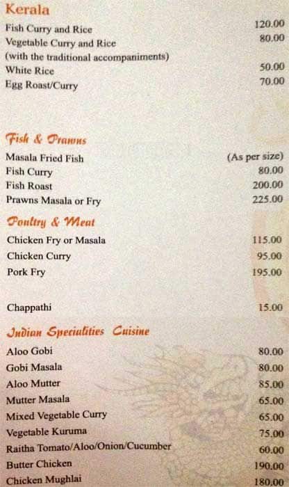 Menu of Chariot, MG Road, Kochi