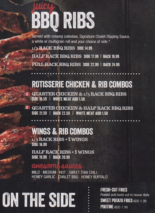 Menu au Swiss Chalet restaurant, Toronto, 345 Bloor St E