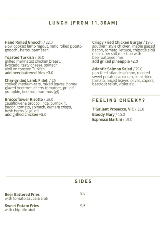 Menu at Palate restaurant, Prahran