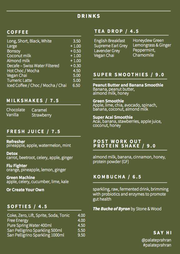 Menu at Palate restaurant, Prahran