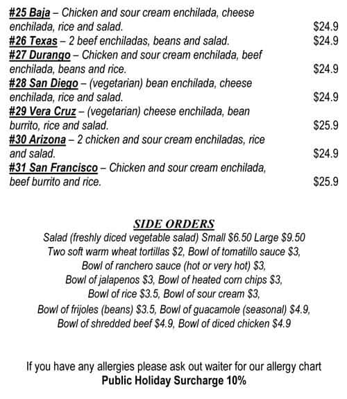 Menu at Montezuma's restaurant, Glenelg