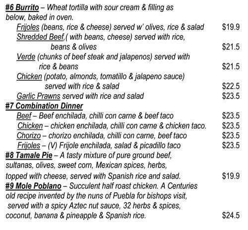 Menu at Montezuma's restaurant, Glenelg
