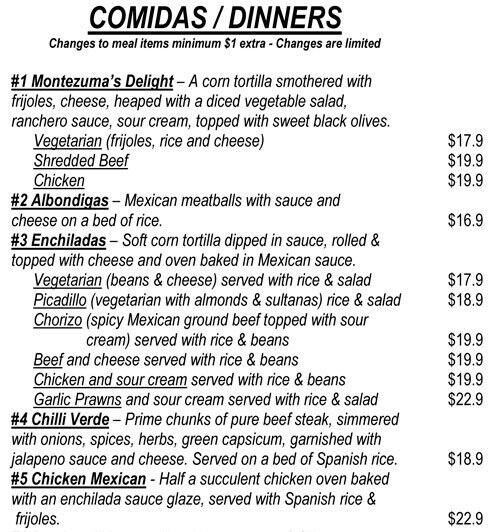 Menu at Montezuma's restaurant, Glenelg