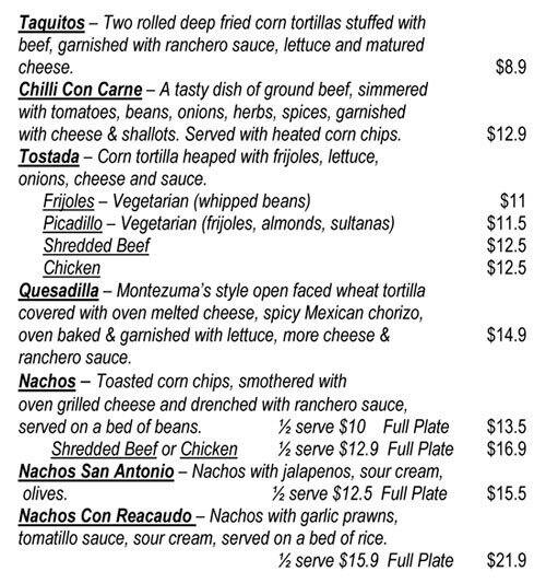 Menu at Montezuma's restaurant, Glenelg