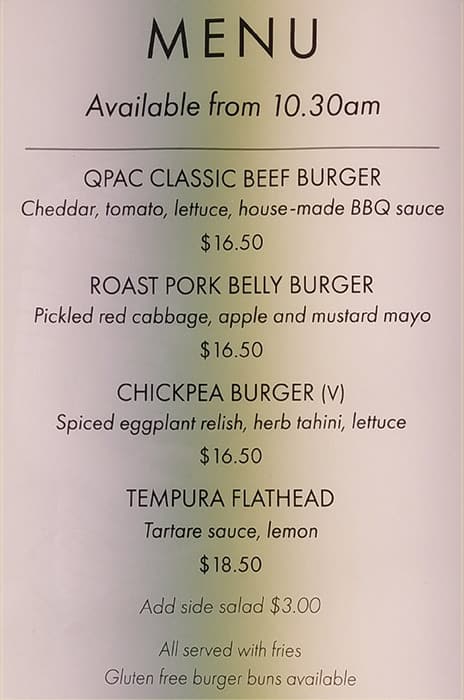 Menu at Bistro by QPAC cafe, South Brisbane