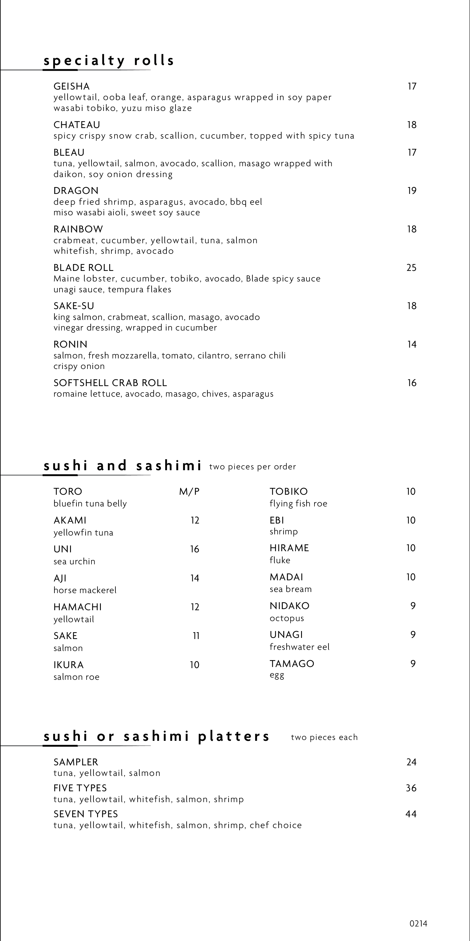 Menu at Blade restaurant, Miami Beach