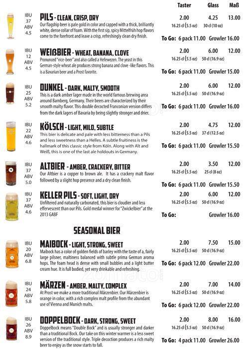 Prost Brewing Company Menu, Menu for Prost Brewing Company, The ...