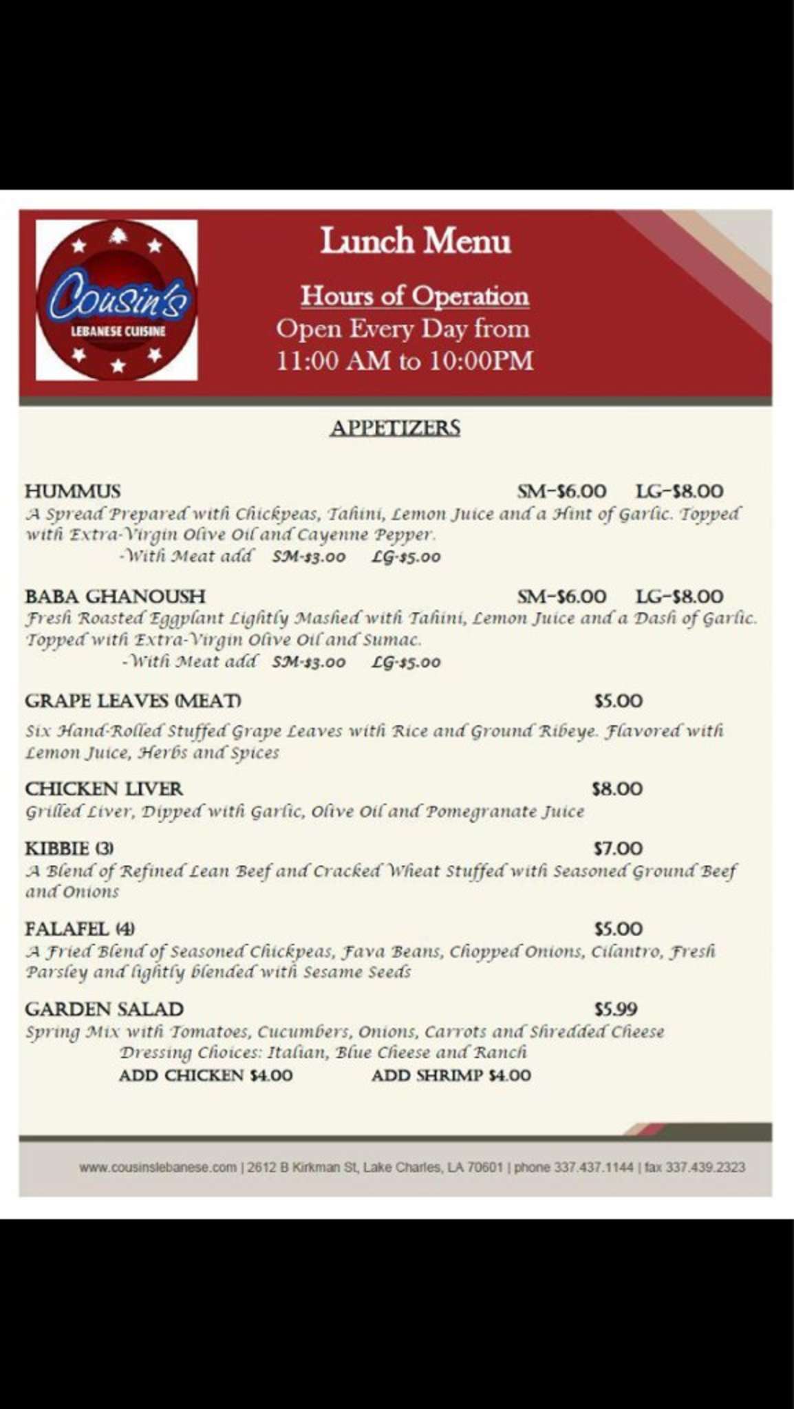 Menu at Cousins Lebanese Cuisine restaurant, Lake Charles