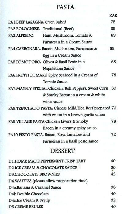 Menu at Mayfly Restaurant, Dullstroom